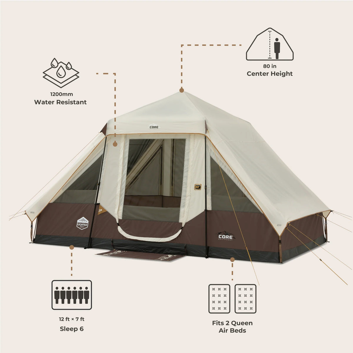 CORE 6 Person Lighted Instant Pyramid Tent 12' x 7' – outdoorlife.ae